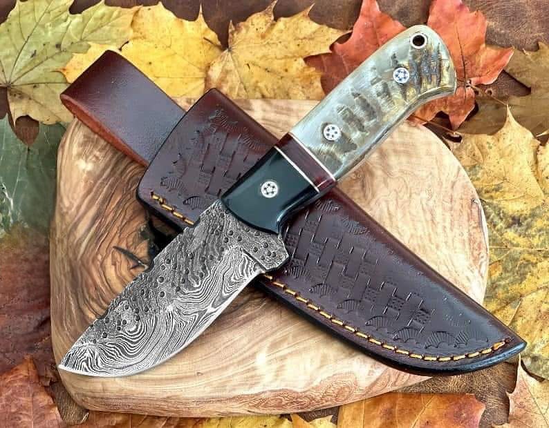 II-14 Damascus Hunting Skinning Knife with Ram Horn Handle – Icon ...