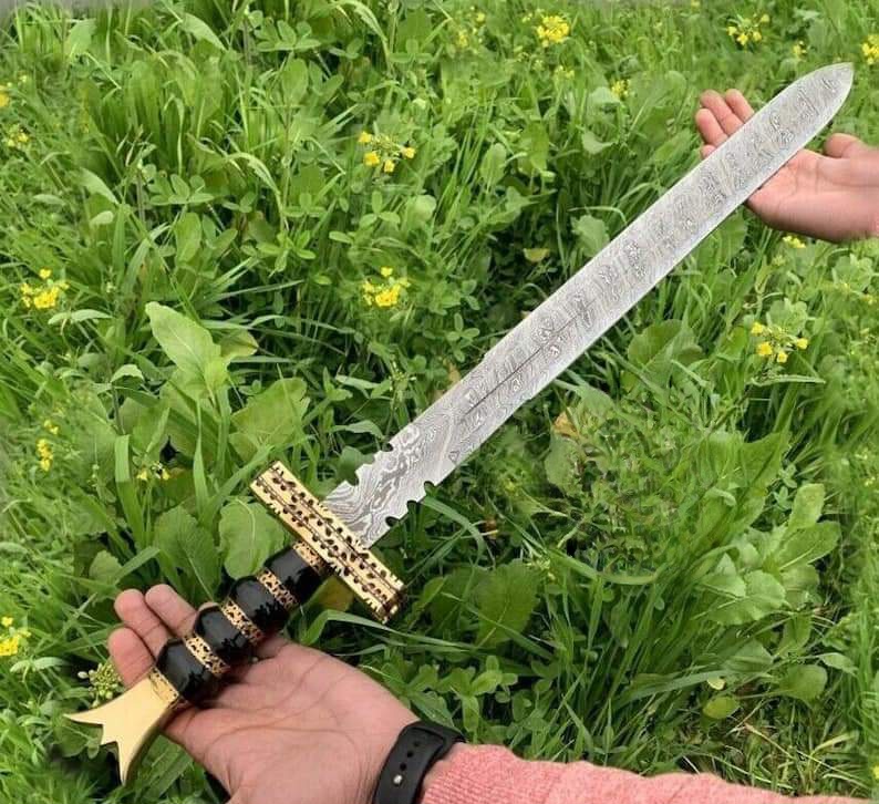 Damascus Steel Sword with Beautiful Brass & Black Resin Handle – Icon ...