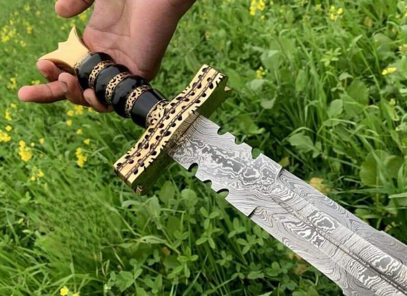Damascus Steel Sword with Beautiful Brass & Black Resin Handle – Icon ...